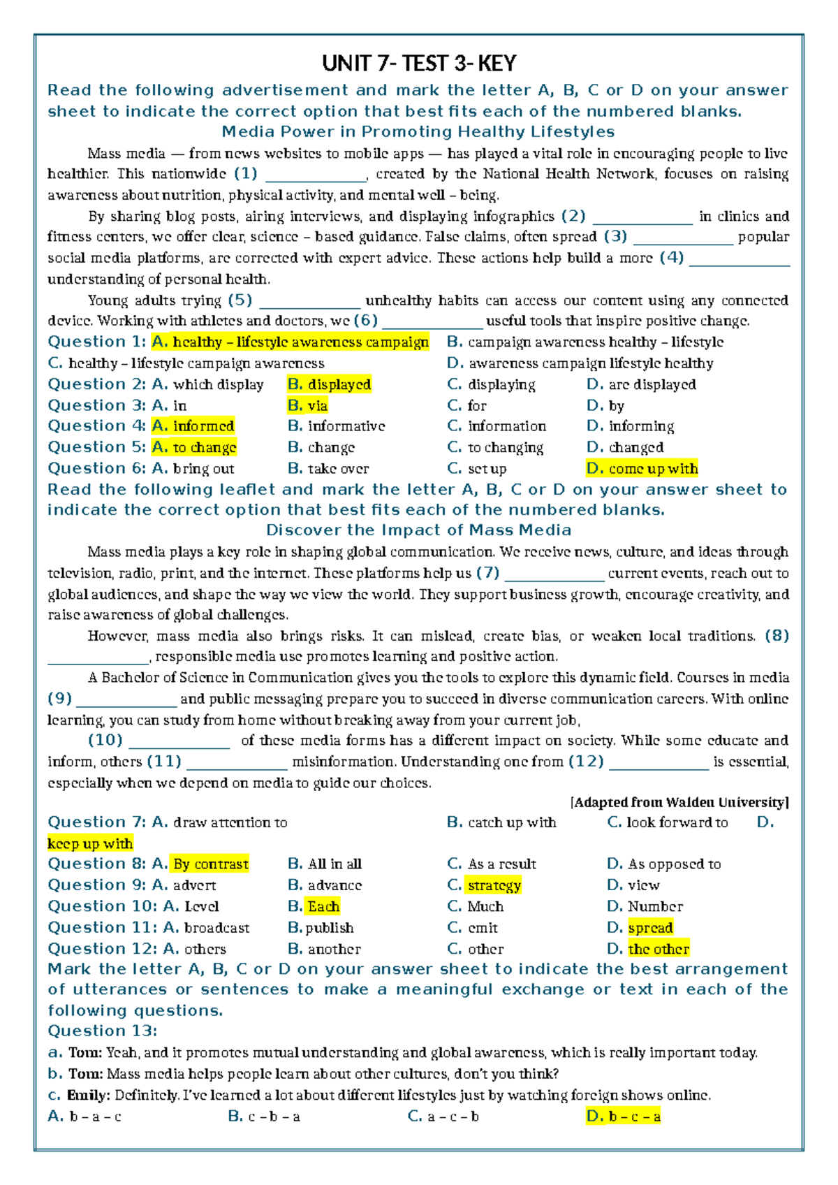 UNIT 7 - TEST 3 - KEY for Midterm Exam 2 English 12 - Studocu