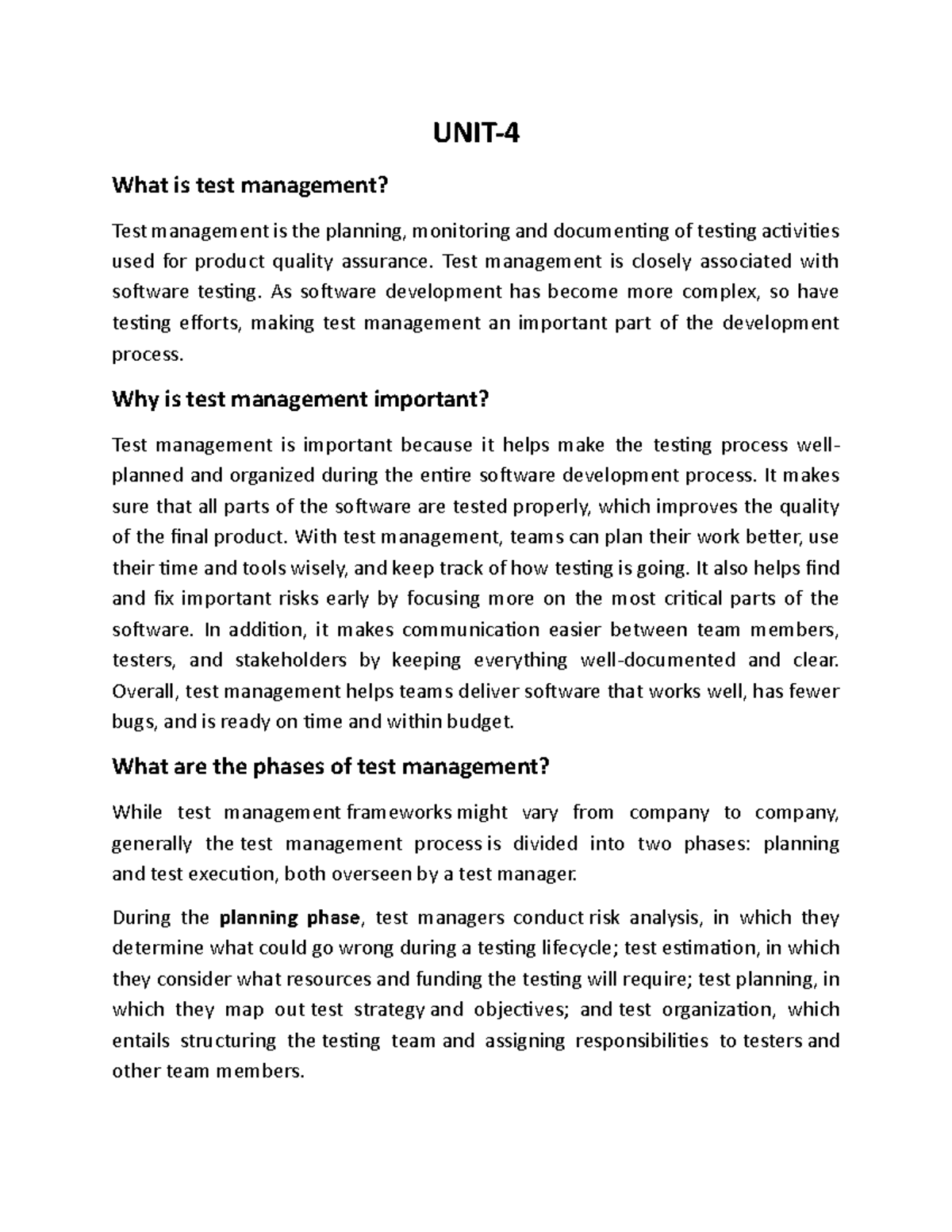Software Engineering Notes UNIT-4: Test Management Overview - Studocu