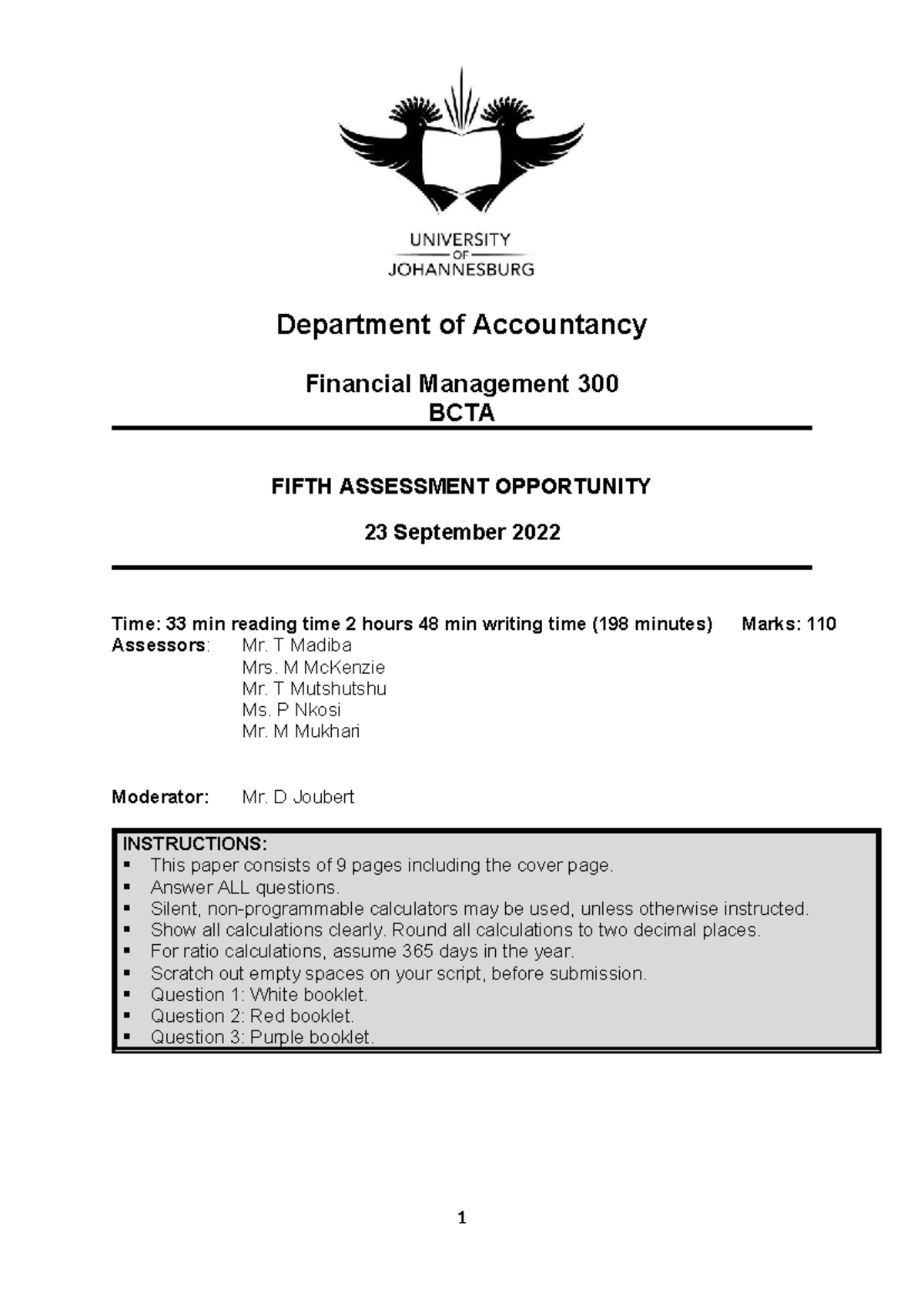 Financial Management 300 BCTA: Fifth Assessment Opportunity - PFB ...