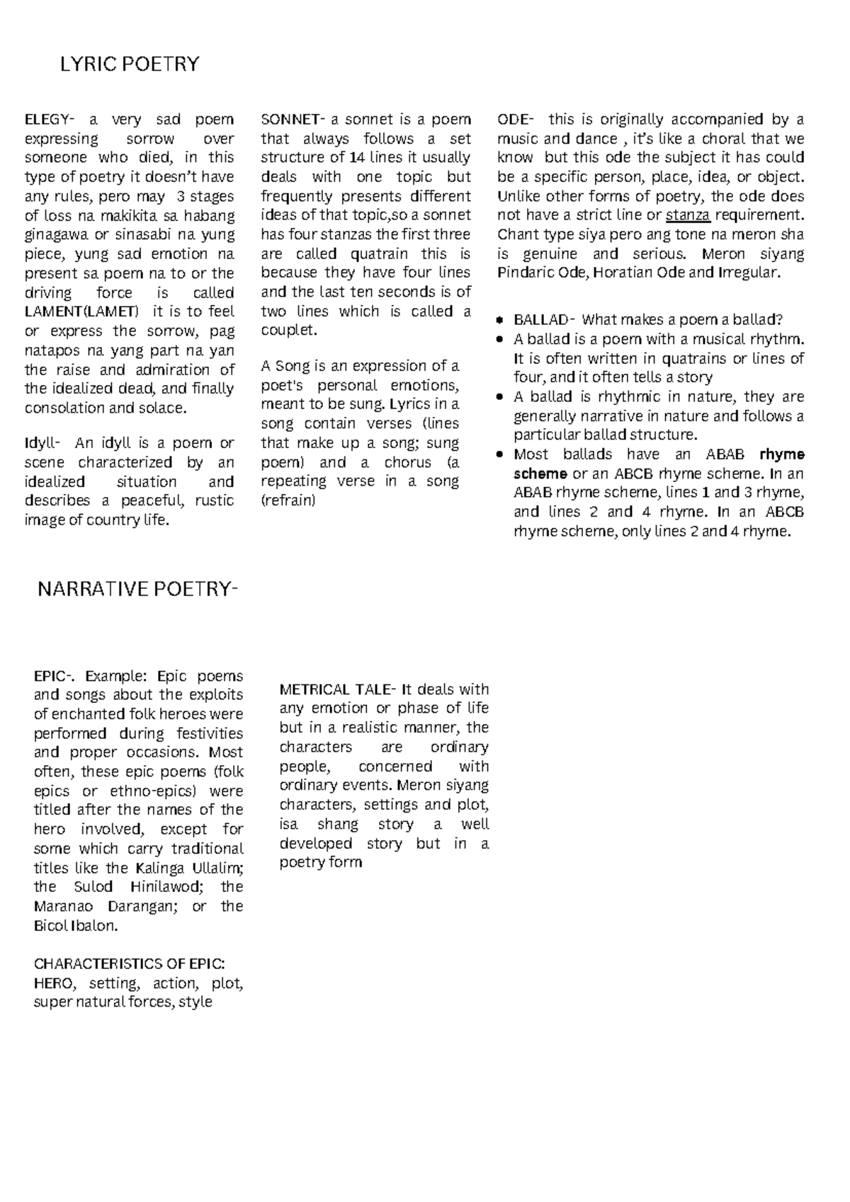 Type of poetry - notes only - LYRIC POETRY SONNET- a sonnet is a poem ...