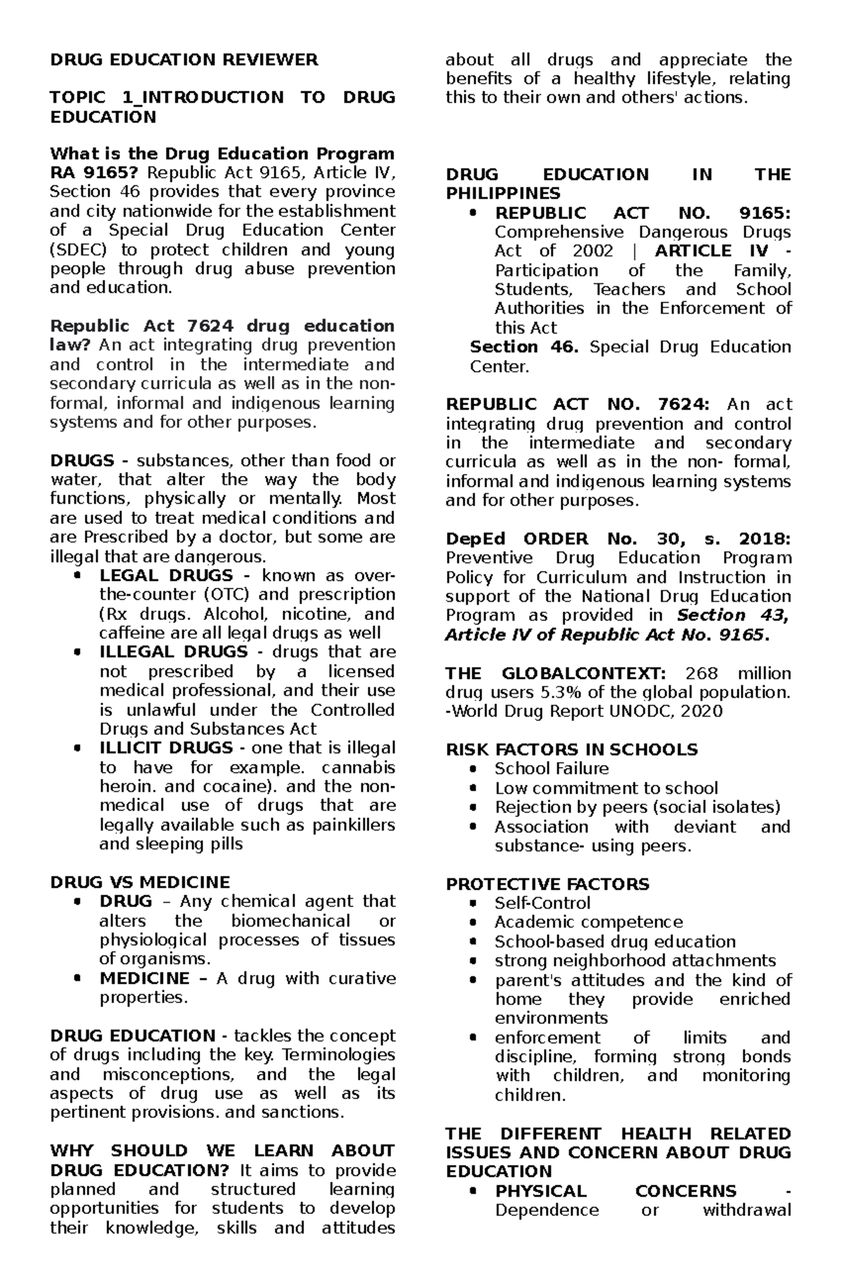 Drugs Education Review: Understanding Key Concepts & Legislation - Studocu