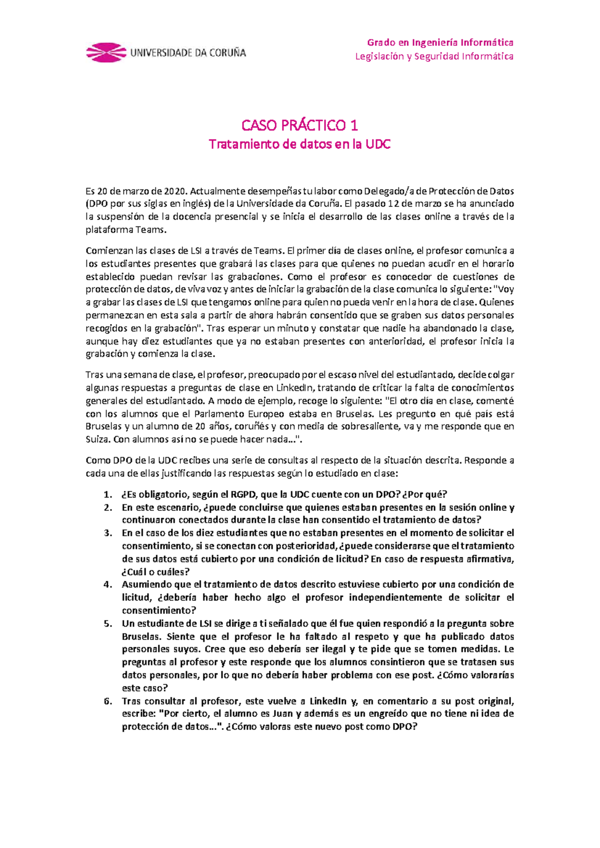 Caso Práctico 1: Protección de Datos en LSI - UDC - Studocu