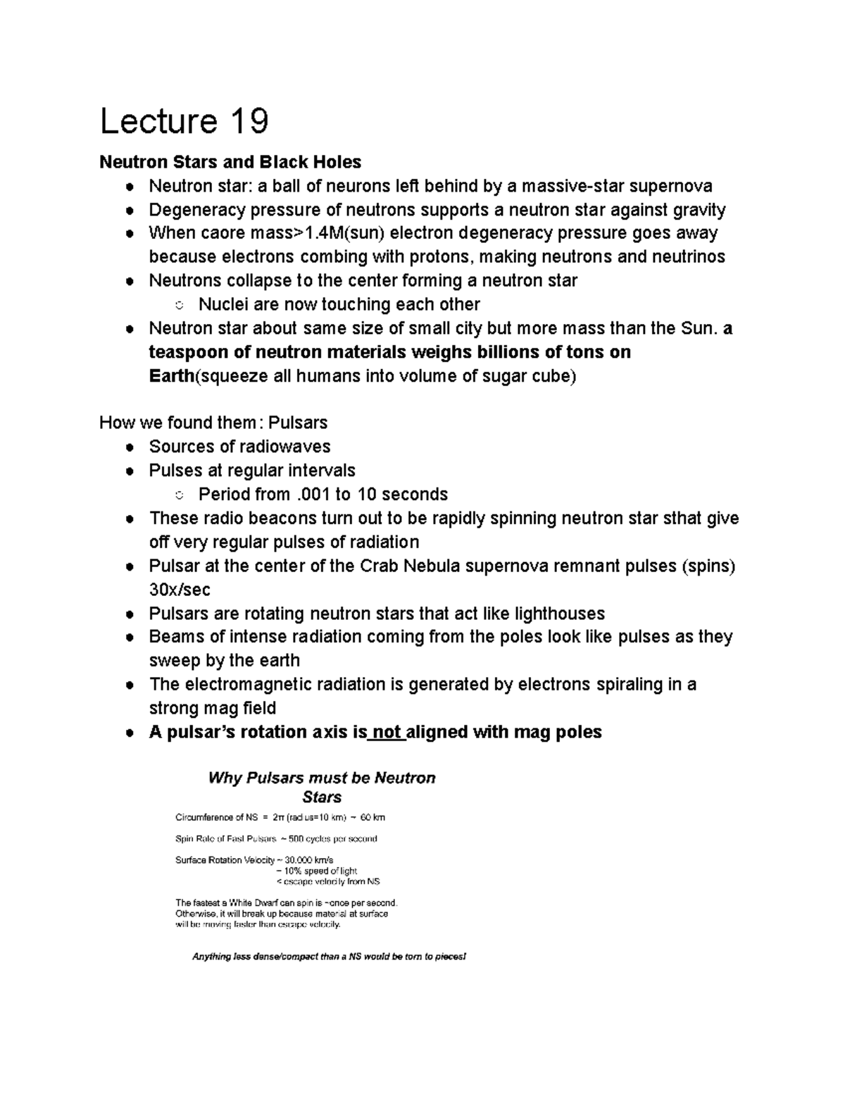 ASTR3 Lecture 19-24 notes - Lecture 19 Neutron Stars and Black Holes ...