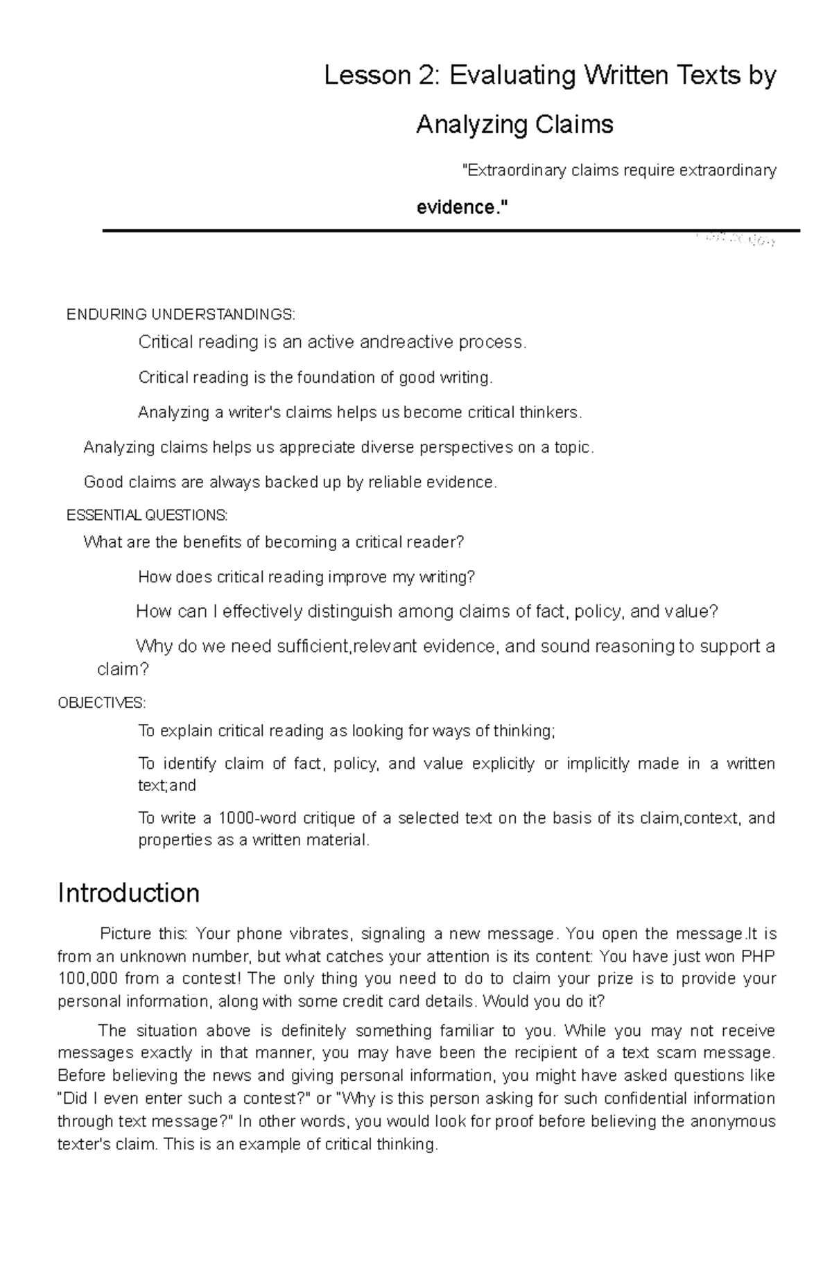 Reading and Writing Lesson 2: Evaluating Claims in Texts - Studocu