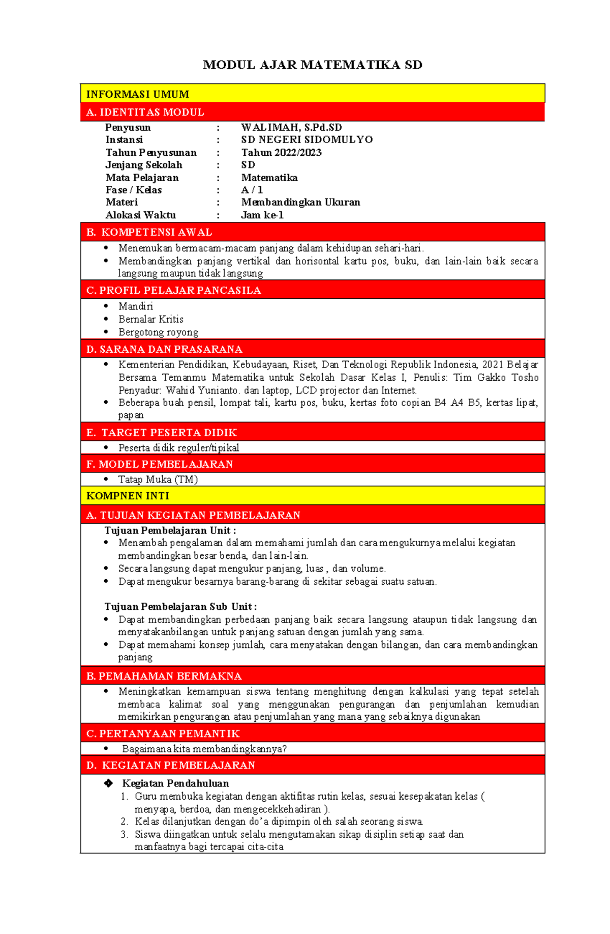 Modul Ajar Matematika SD Kelas I: Membandingkan Ukuran dan Volume - Studocu