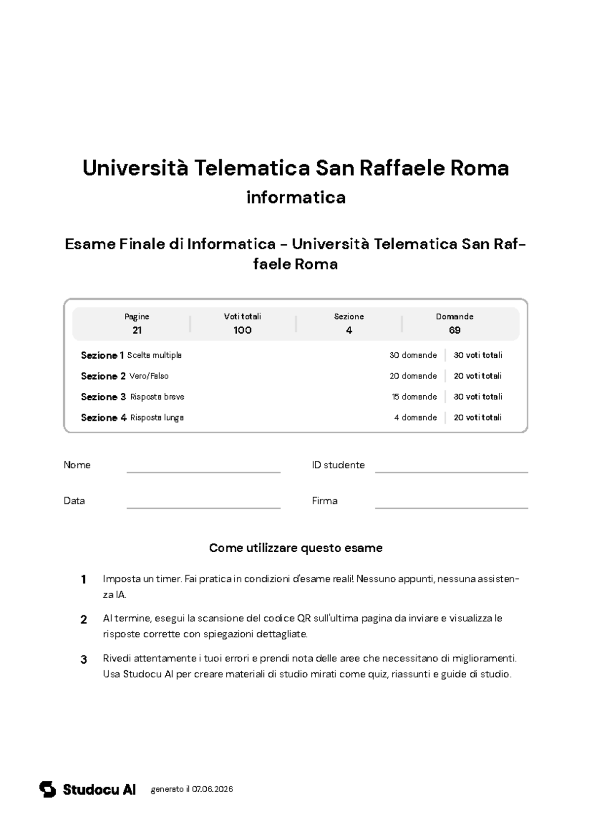 Esame Finale di Informatica - Università Telematica San Raffaele - Studocu