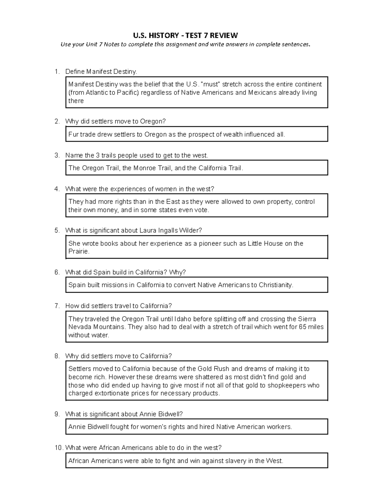 U. HISTORY - TEST 7 REVIEW: MANIFEST DESTINY & WESTWARD EXPANSION - Studocu