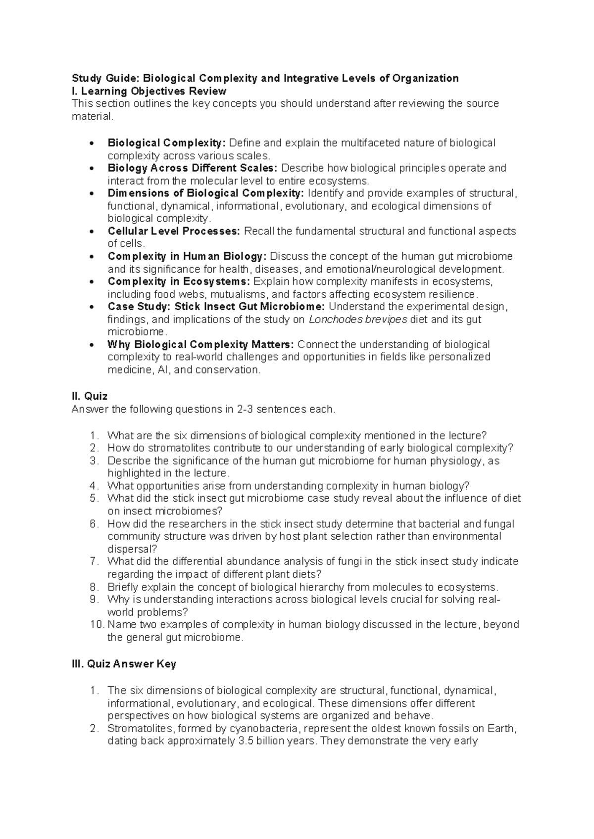 Biological Complexity Study Guide: Integrative Levels of Organization I ...
