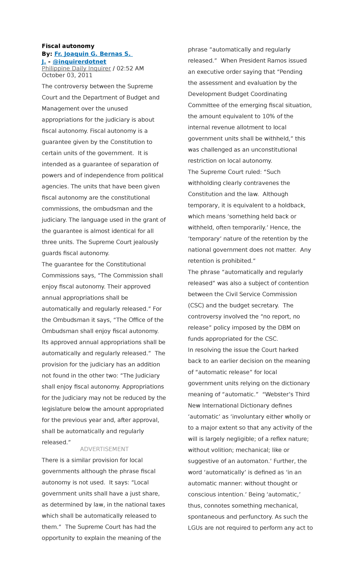 Fiscal autonomy - Fr Bernas - Fiscal autonomy By: Fr. Joaquin G. Bernas ...