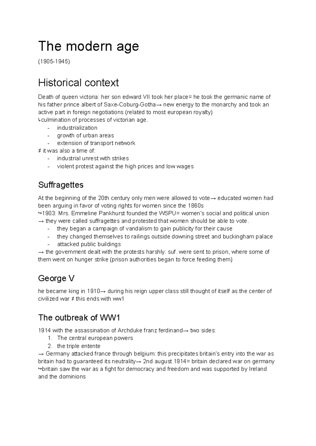 The Modern Age: Historical Context and Impact of WW1 - Studocu