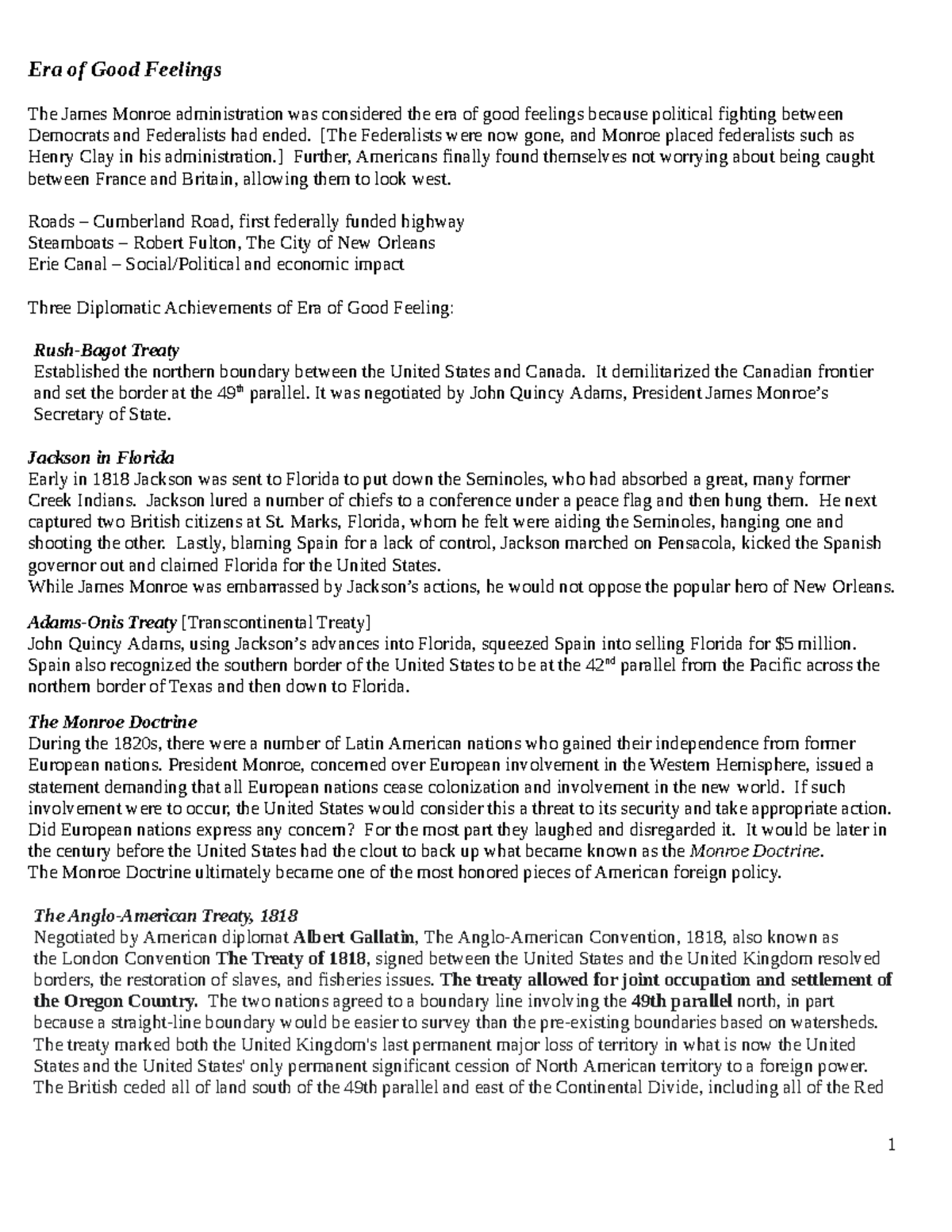 Monroe-Jackson Era (notes) - Era of Good Feelings The James Monroe ...