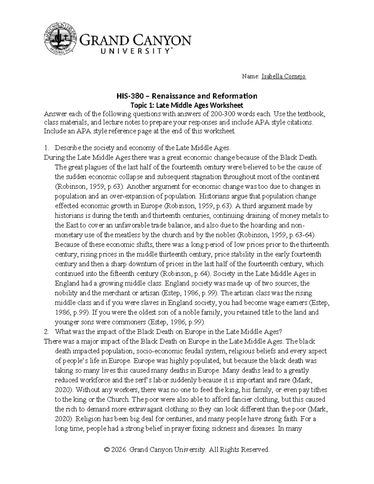 HIS 380 RS T1 Late Middle Ages Economic & Social Changes Worksheet ...