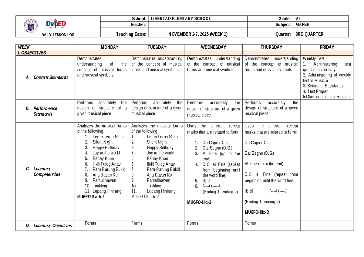 G6 MAPEH Daily Lesson Log Q3 Week 1: Musical Forms & Symbols - Studocu
