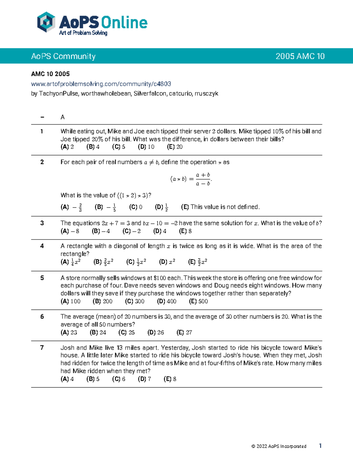 2005 AMC 10 Solutions and Explanations - 4803 - Studocu