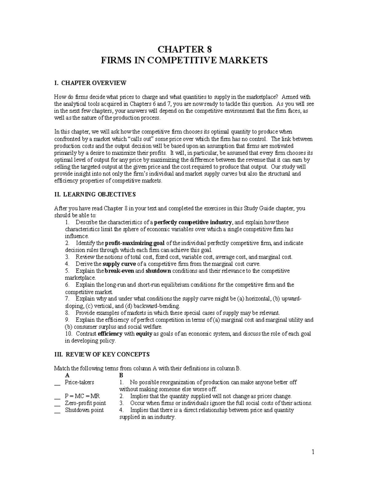 Chapter 8 - ECOPRIN - CHAPTER 8 FIRMS IN COMPETITIVE MARKETS I. CHAPTER ...
