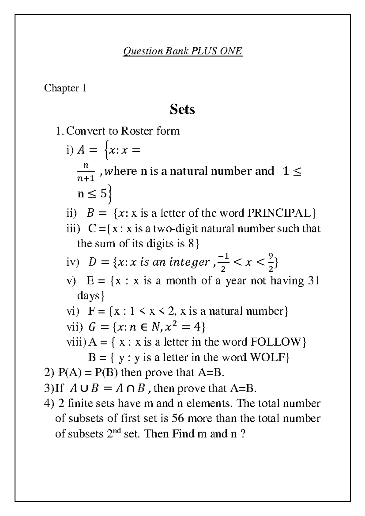 QP +1 C1 - Sets: Roster Form & Set Theory Concepts - Studocu