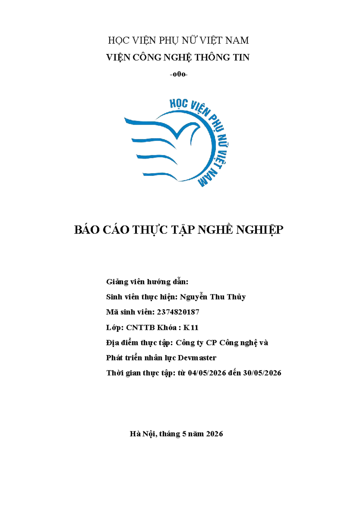 BÁO CÁO THỰC TẬP NGHỀ NGHIỆP - CNTTB K11 TẠI DEVMaster - Studocu