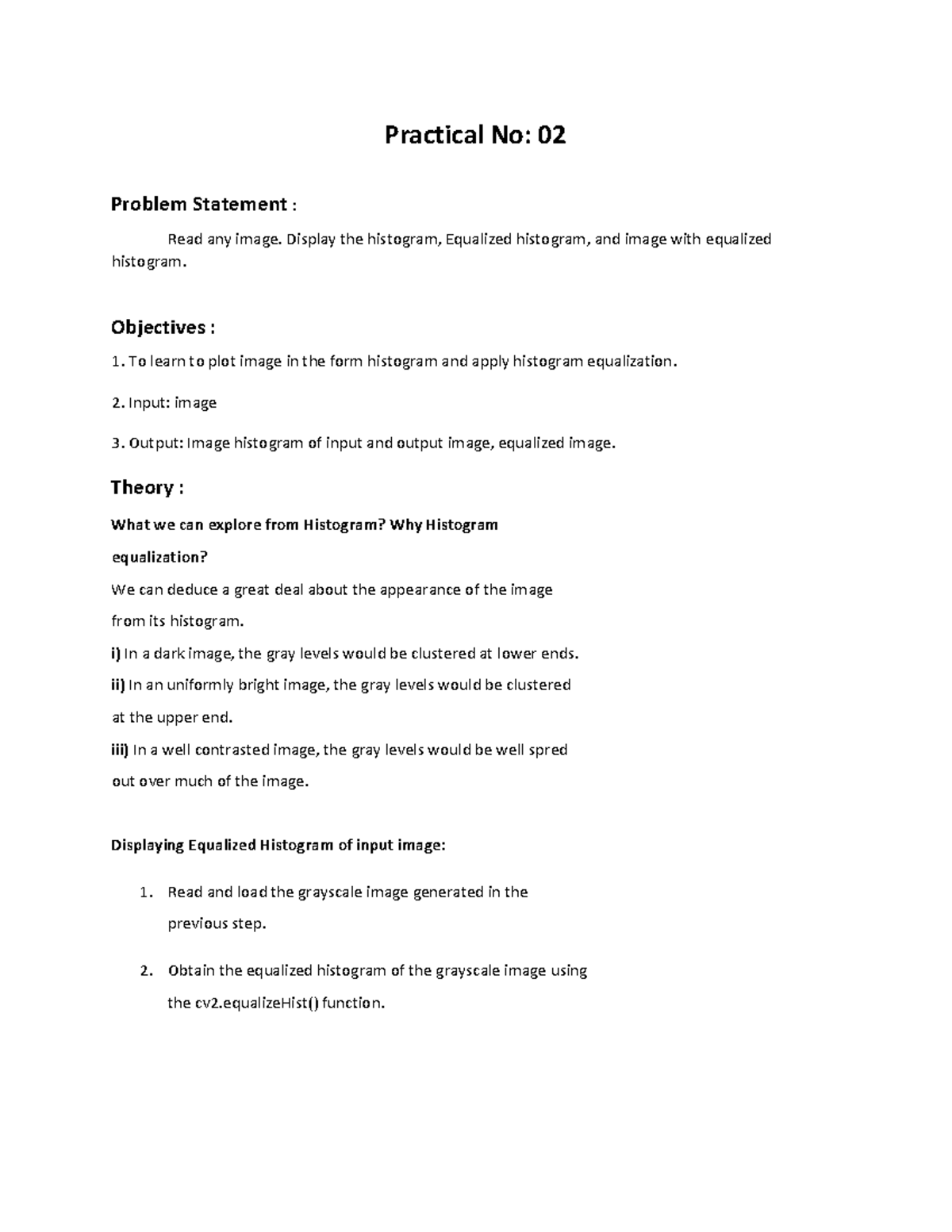 IP Lab 2 - Practical on Histogram and Equalization Techniques - Studocu