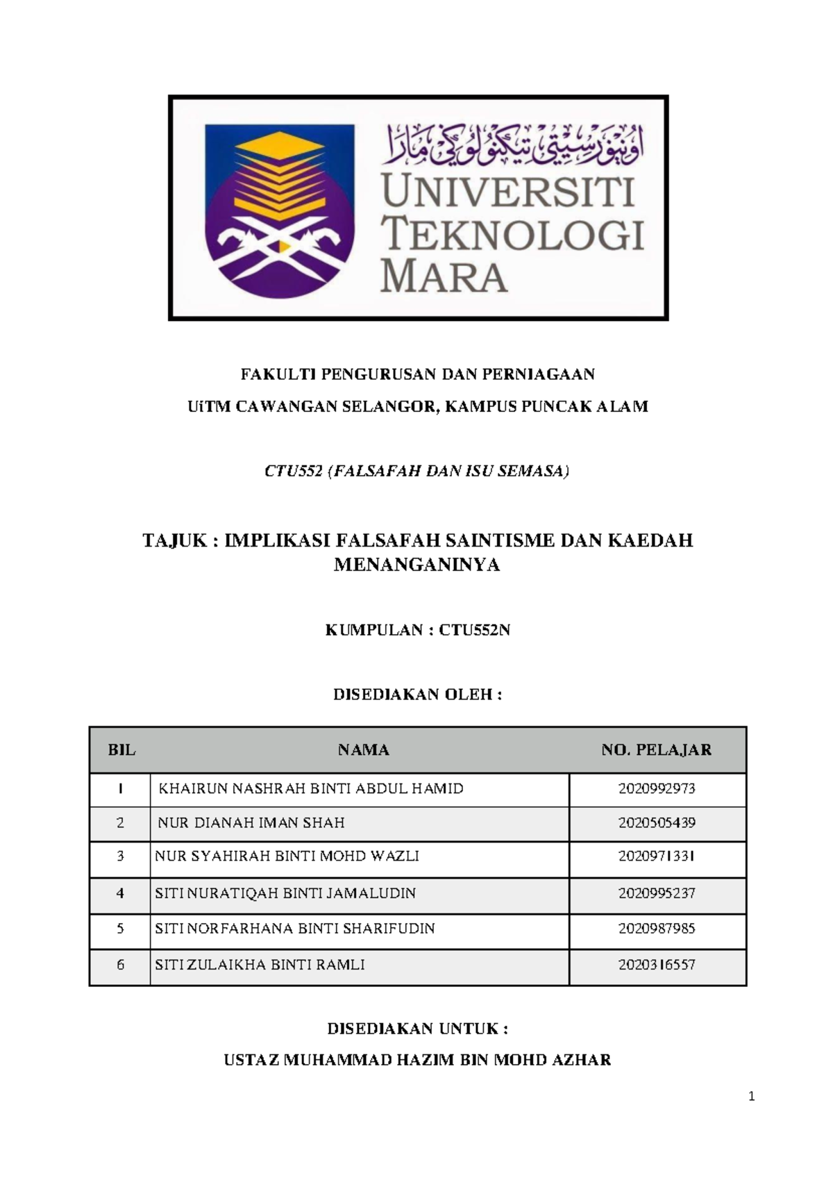 Contoh penulisan assignment 1 - FAKULTI PENGURUSAN DAN PERNIAGAAN UiTM ...