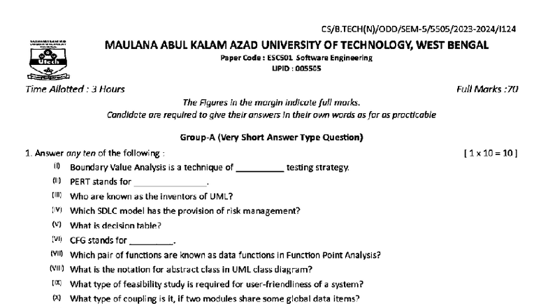 BTech ESC 5 Sem Software Engineering ESC501 Exam Paper 2024 - Studocu