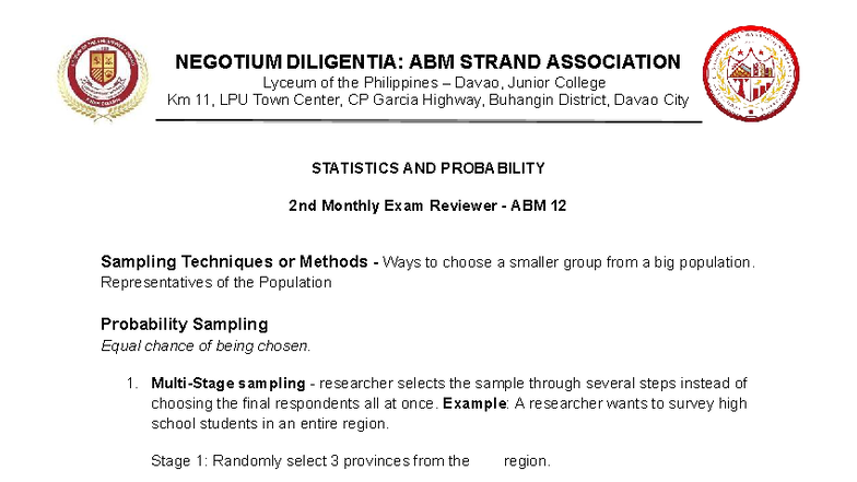 ABM 12 Statistics & Probability 2nd Monthly Exam Reviewer - Studocu