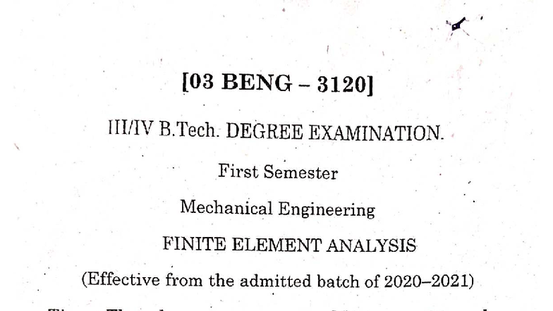 BENG 1st Sem Mechanical Engineering: Finite Element Analysis Exam Guide ...