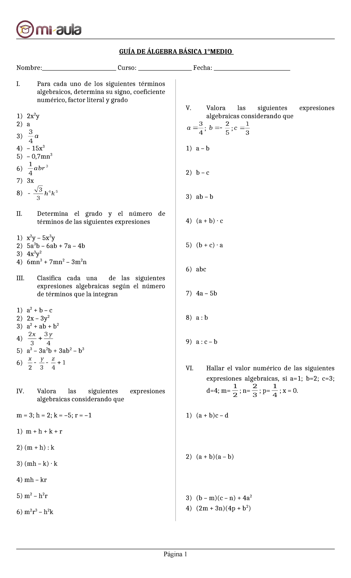 GUÍA DE ÁLGEBRA BÁSICA 30441 - Ejercicios y Soluciones - Studocu