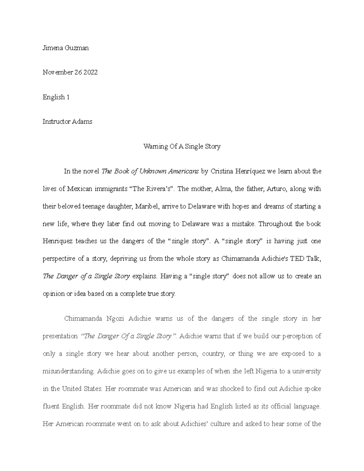 Essay 3: Dynamic Characters in The Book of Unknown Americans (ENG 1 ...