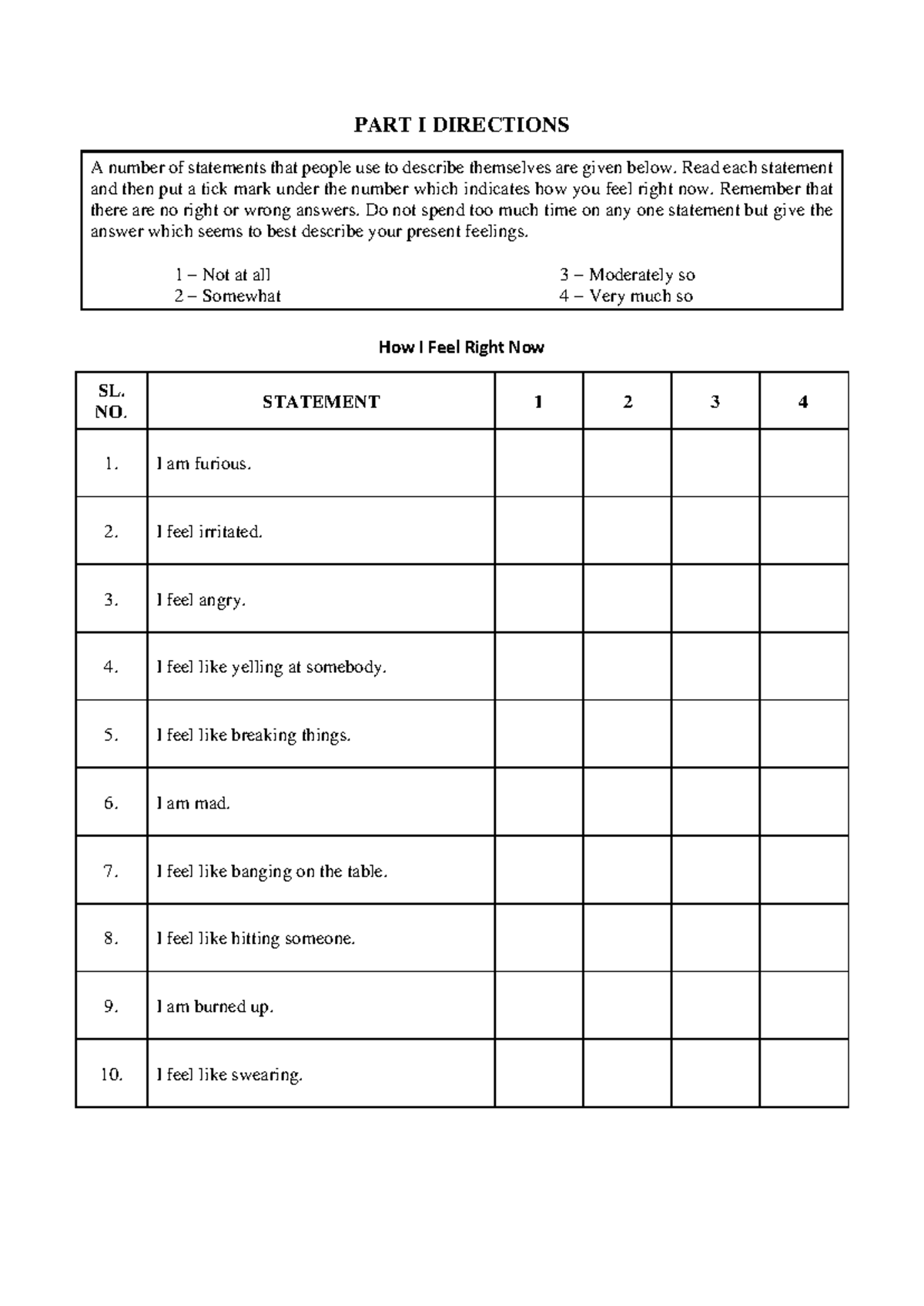 Staxi - I Questionnaire: Self-Assessment of Anger Feelings - Studocu
