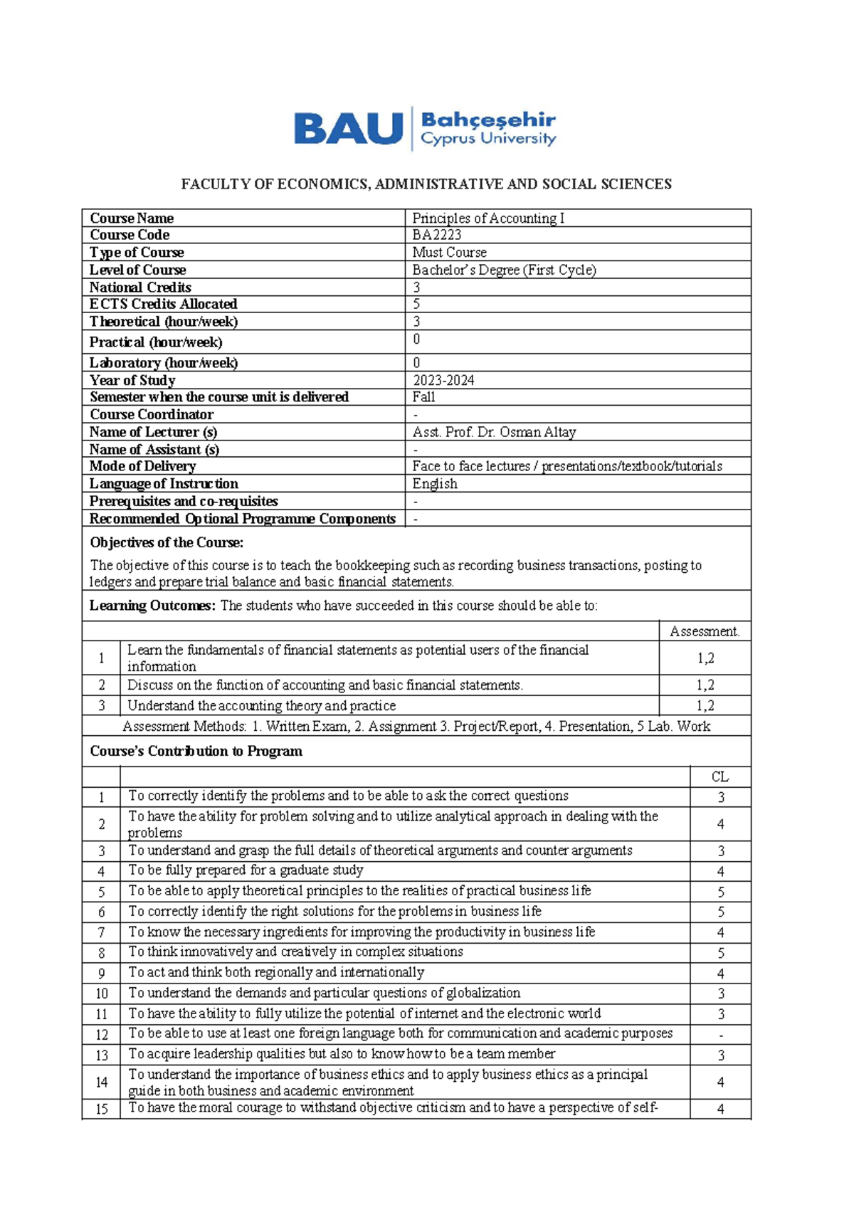 Principles of Accounting I (ECO 101) Course Syllabus and Objectives ...