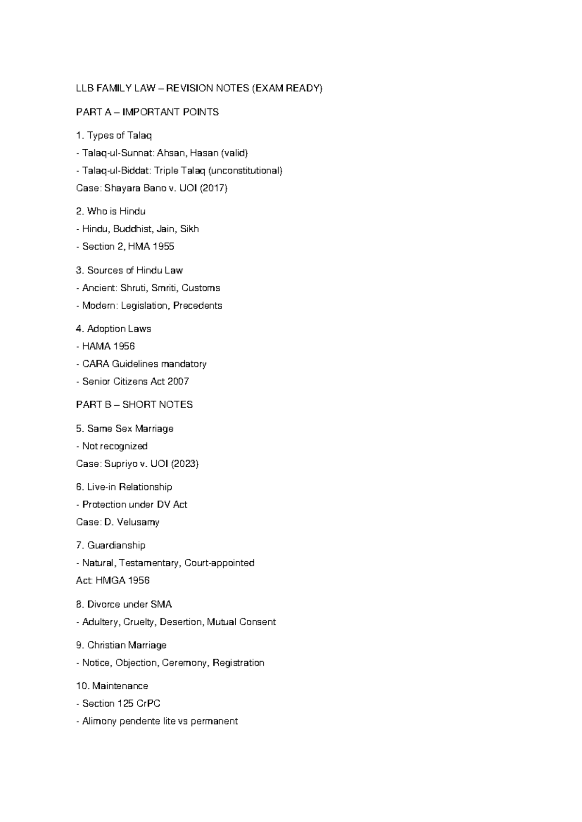 LLB Family Law Exam Revision Notes: Key Points & Cases - Studocu