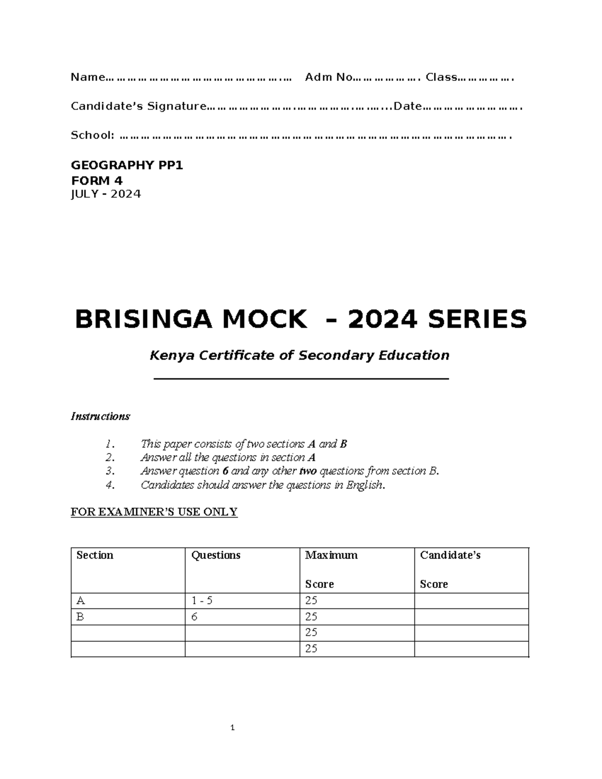 Brisinga Geography PP1 Mock Exam - Form 4 July 2024 - Studocu