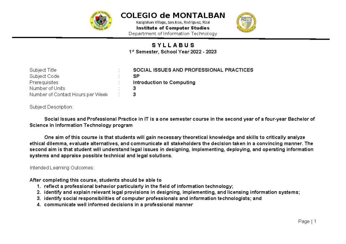 IT 13 Syllabus: Social Issues & Professional Practices in IT - Studocu