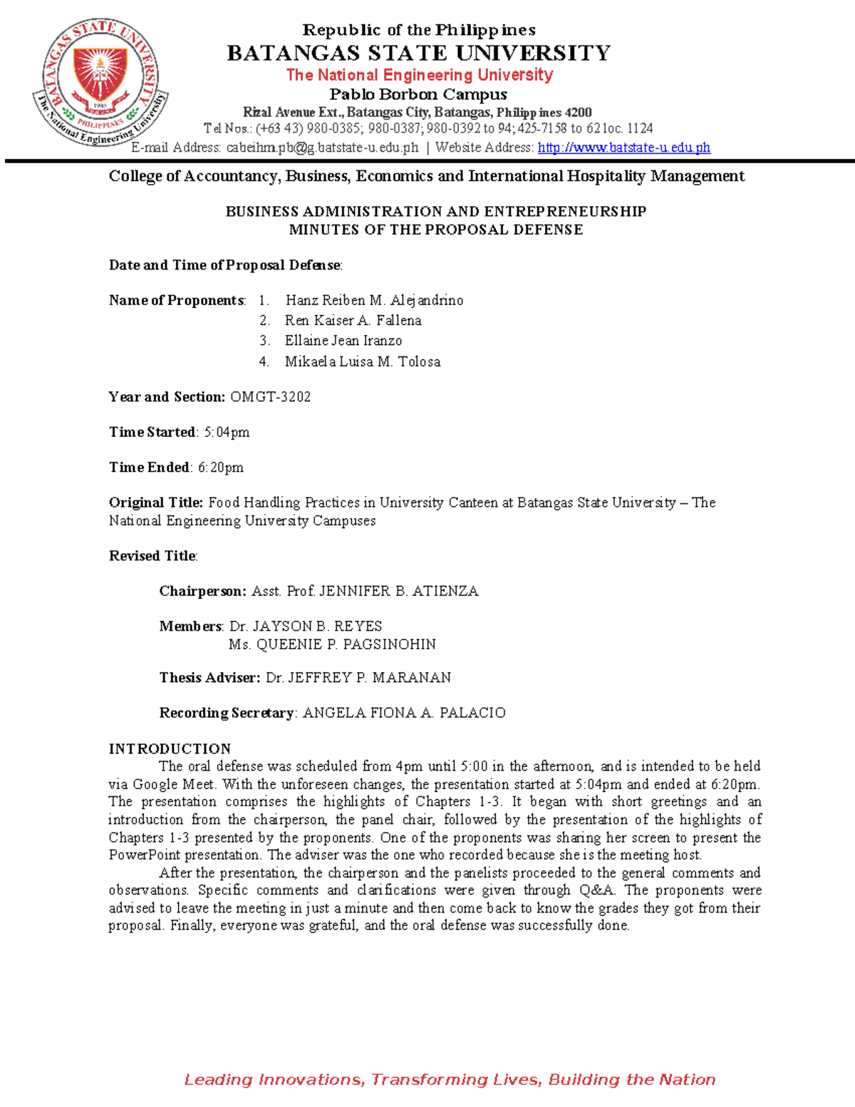 Proposal Defense Minutes - Food Handling Practices (OMGT) - Studocu