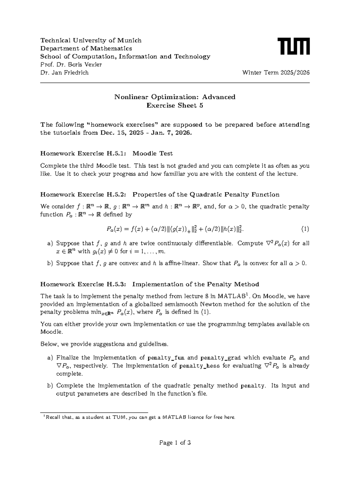 Nonlinear Optimization: Advanced Exercise Sheet 5 - TUM WS 25 - Studocu