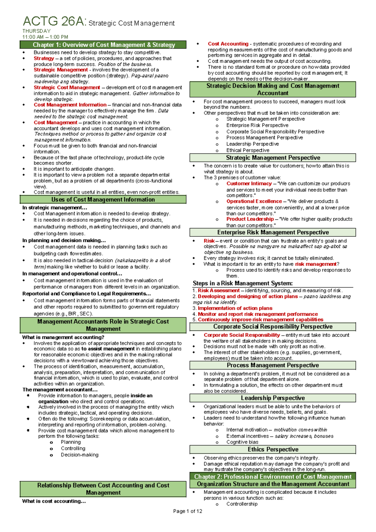ACTG 26A: Strategic Cost Management - Chapter 1 Overview and Key ...