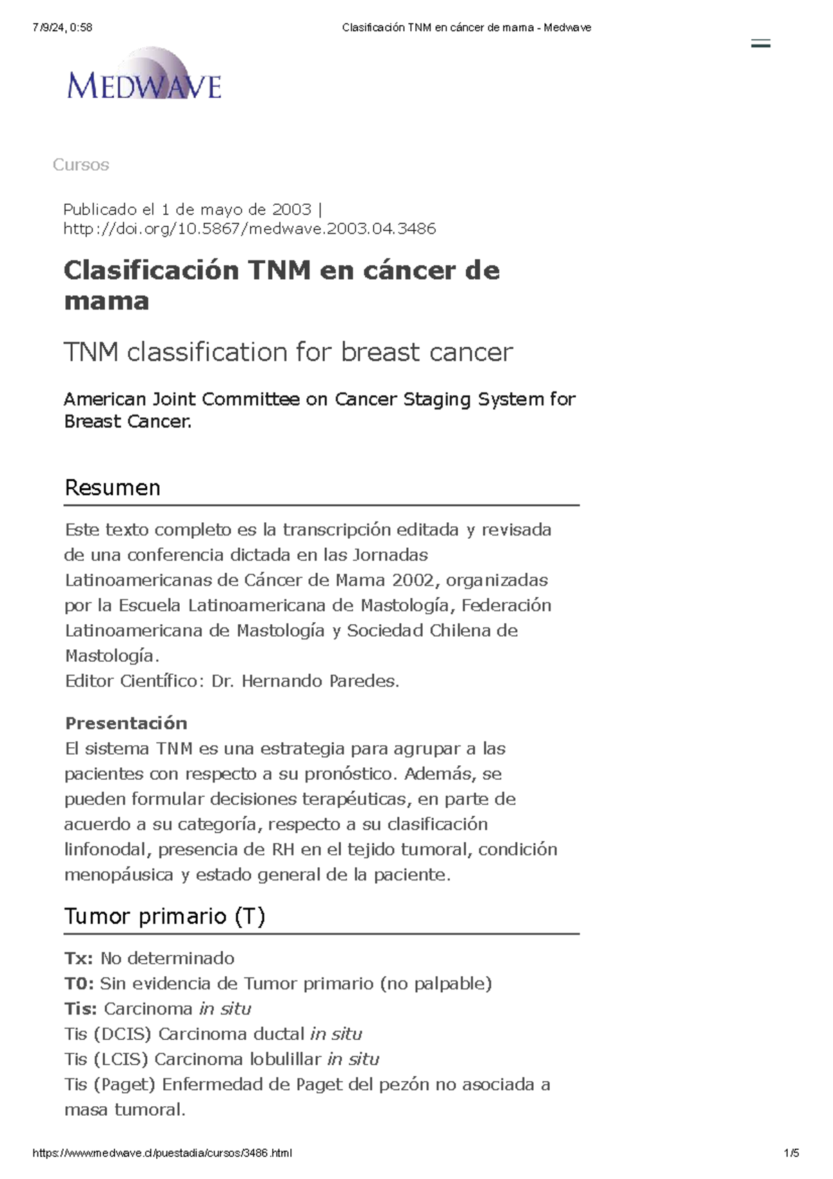 Clasificación TNM en Cáncer de Mama - Medwave 2003 - Studocu