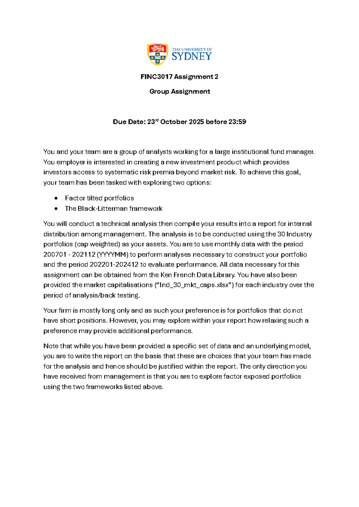 FINC3017 Group Assignment 2: Analysis of Factor Tilted Portfolios - Studocu