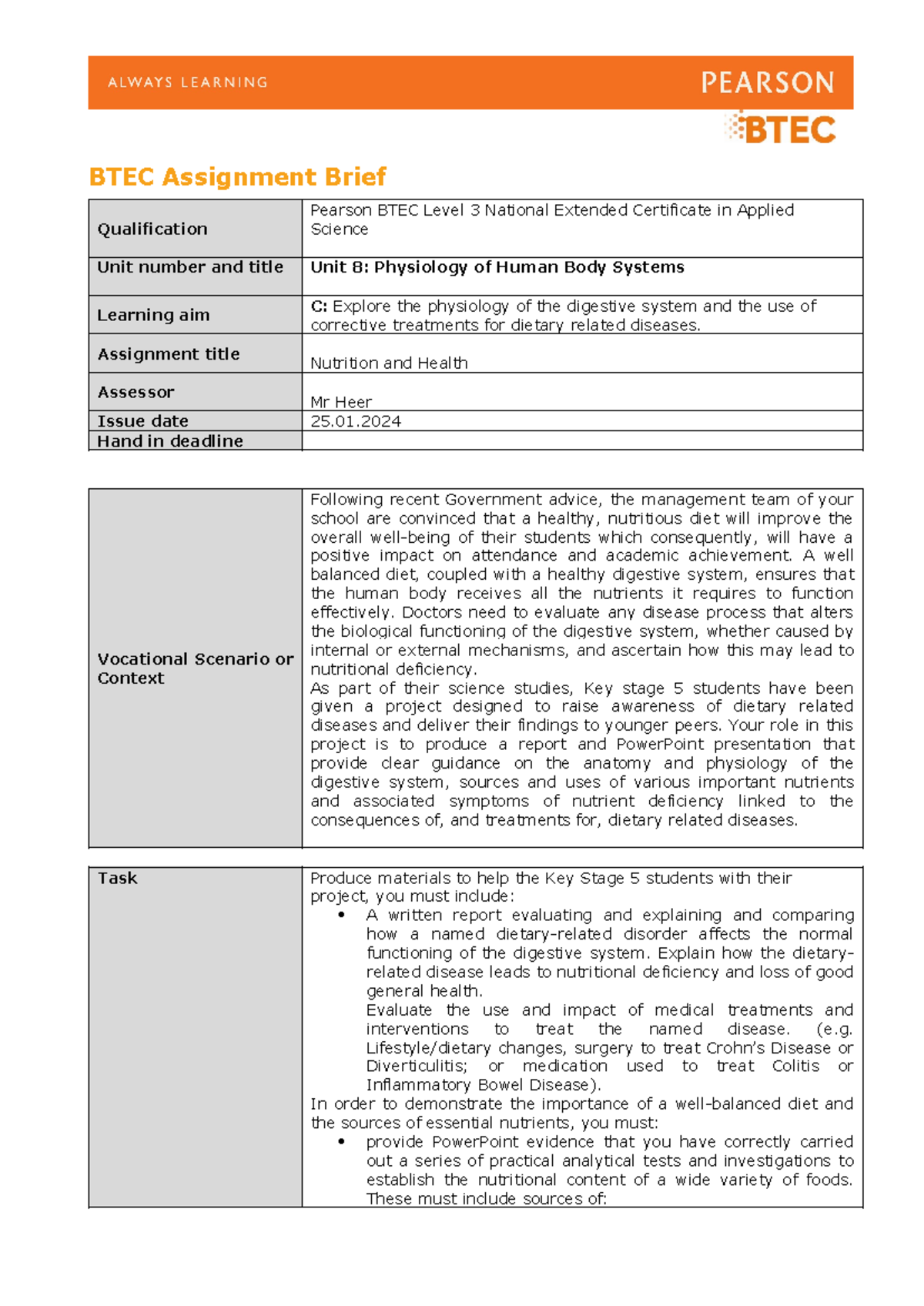Assignment Brief: Nutrition & Health in BTEC Applied Science Unit 8 ...