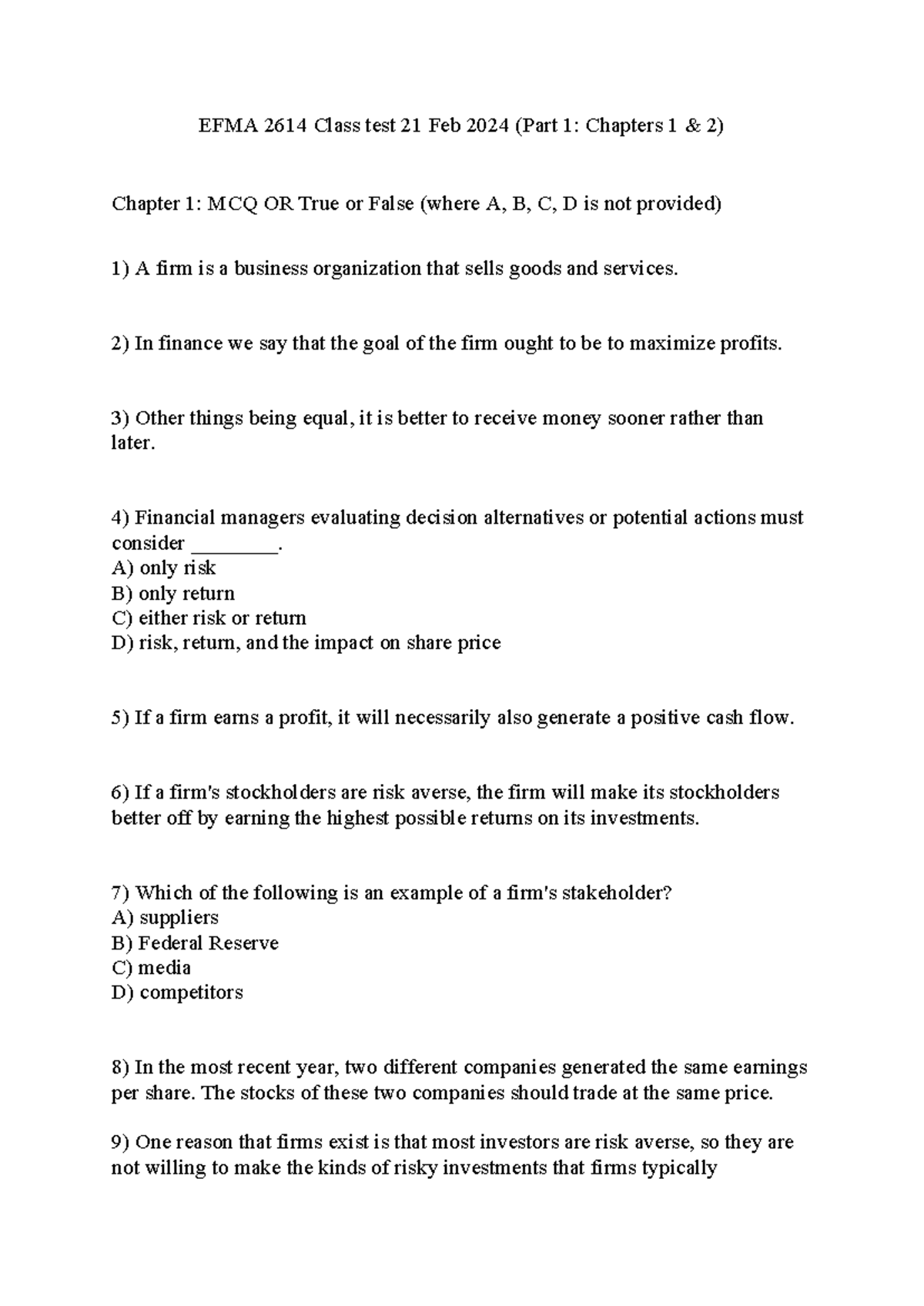 EFMA 2614 Class test - EFMA 2614 Class test 21 Feb 2024 (Part 1 ...