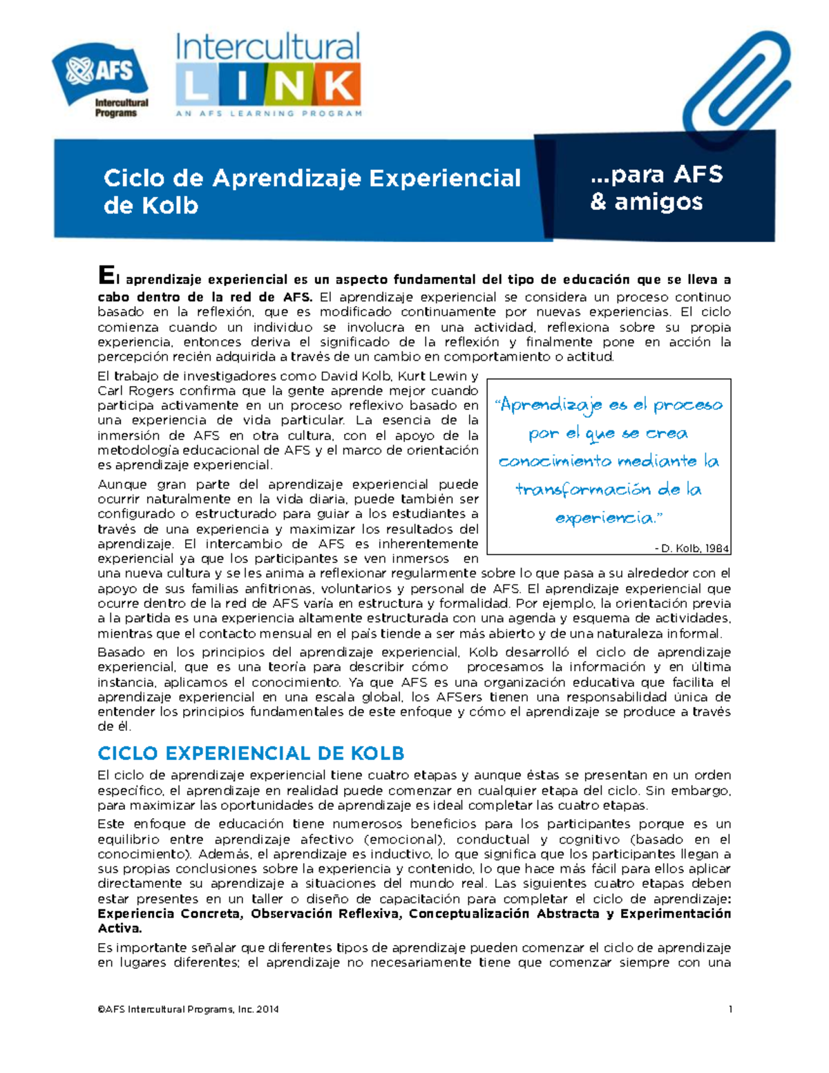Ciclo de Aprendizaje Experiencial de Kolb para AFS Amigos ESP - Studocu