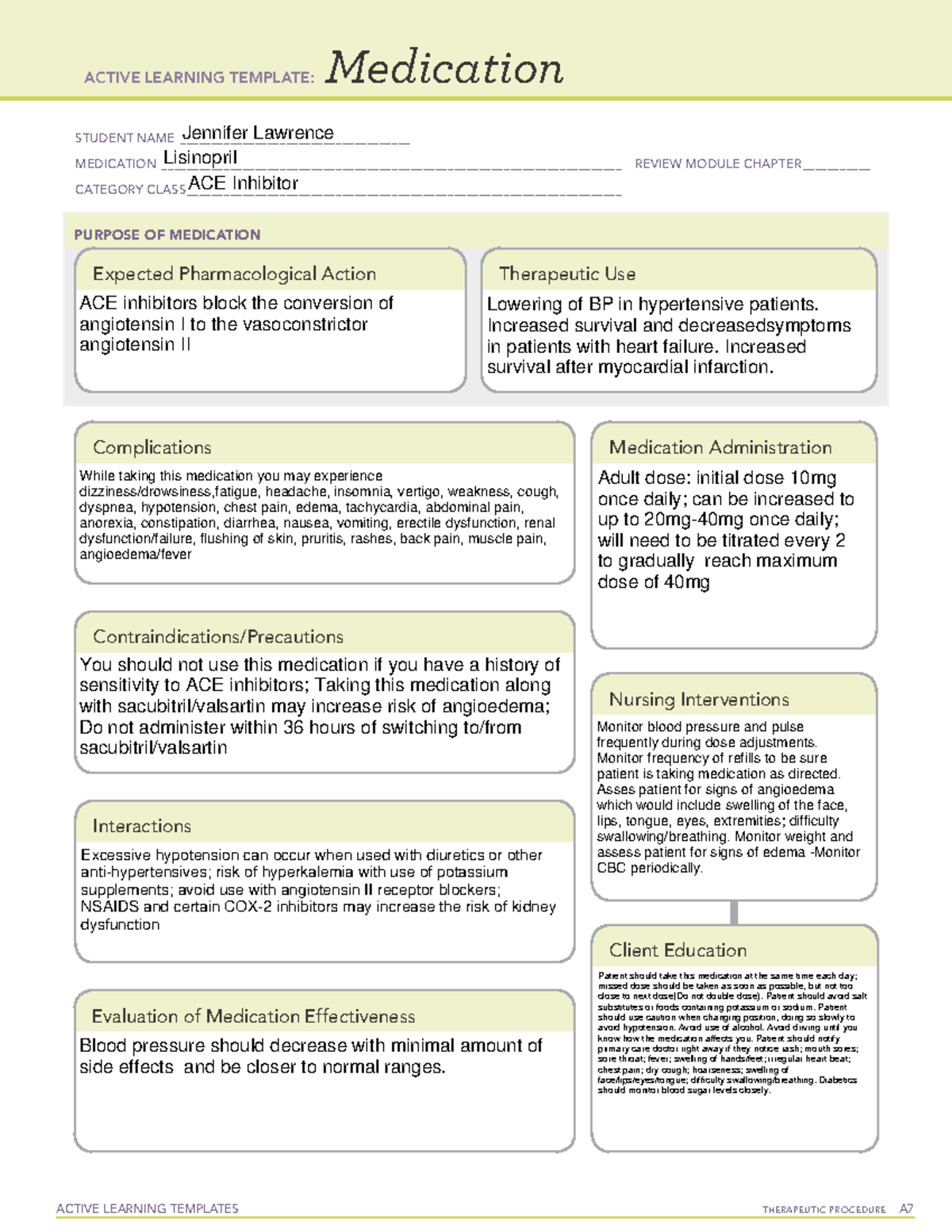 ACE Inhibitor (Lisinopril) Medication Template - Active Learning Guide ...