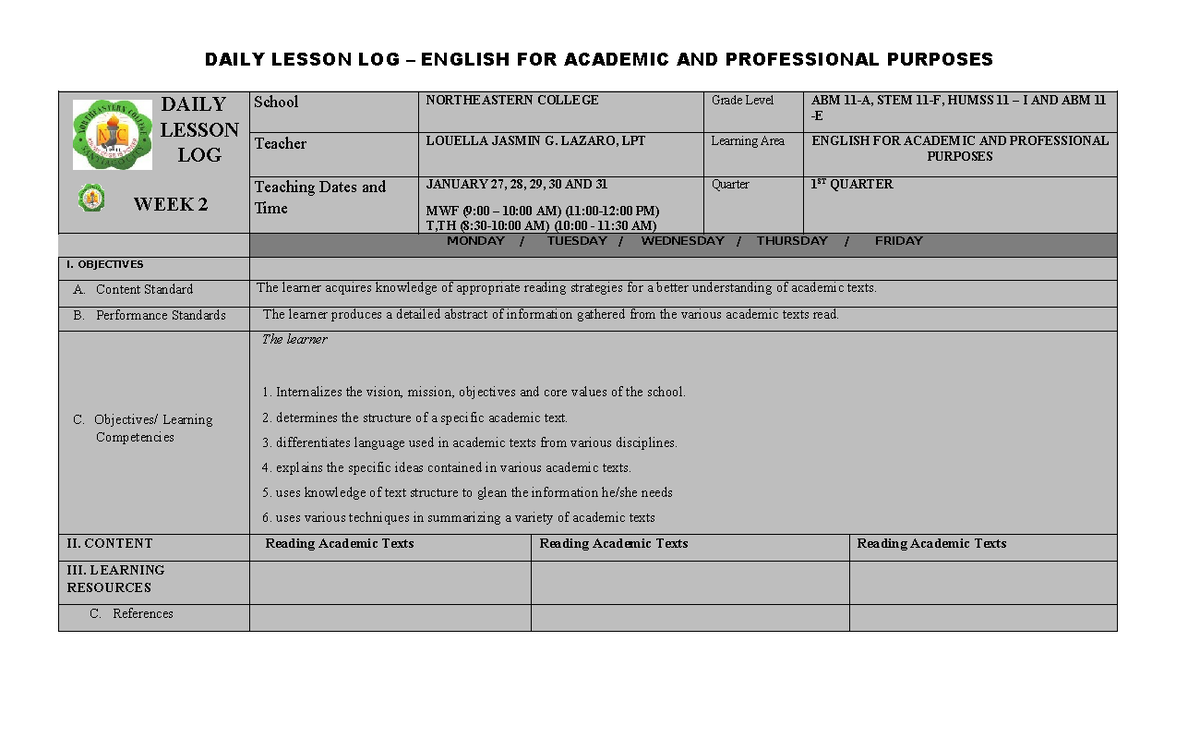 DAILY LESSON LOG - ENGLISH FOR ACADEMIC & PROFESSIONAL PURPOSES (EAPP ...