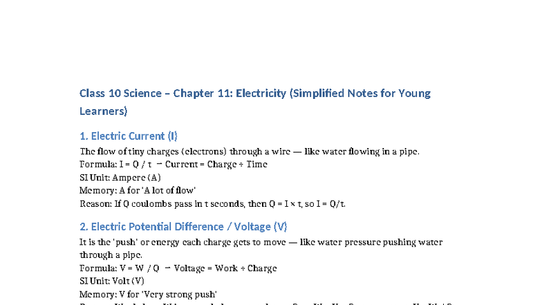 Class 10 Science Chapter 11: Electricity Simplified Notes - Studocu