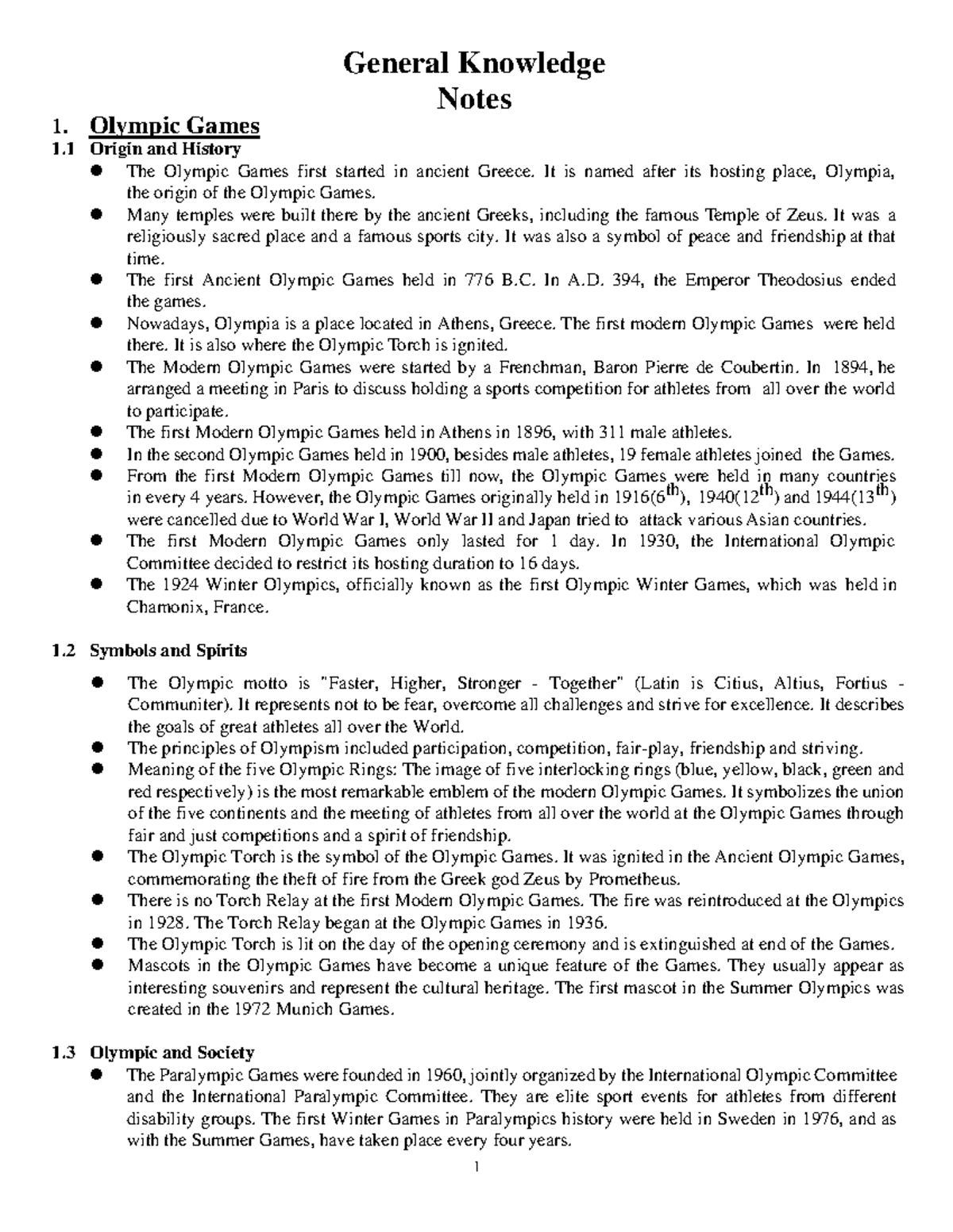 PE General Knowledge Notes on Olympic Games and Exercise Insights - Studocu