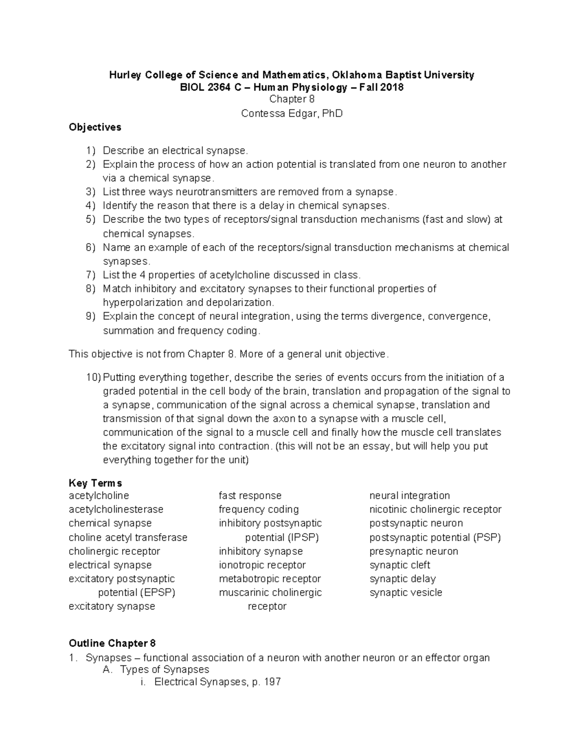 BIOL 2364 C - Human Physiology Chapter 8: Synapses & Neural Integration ...