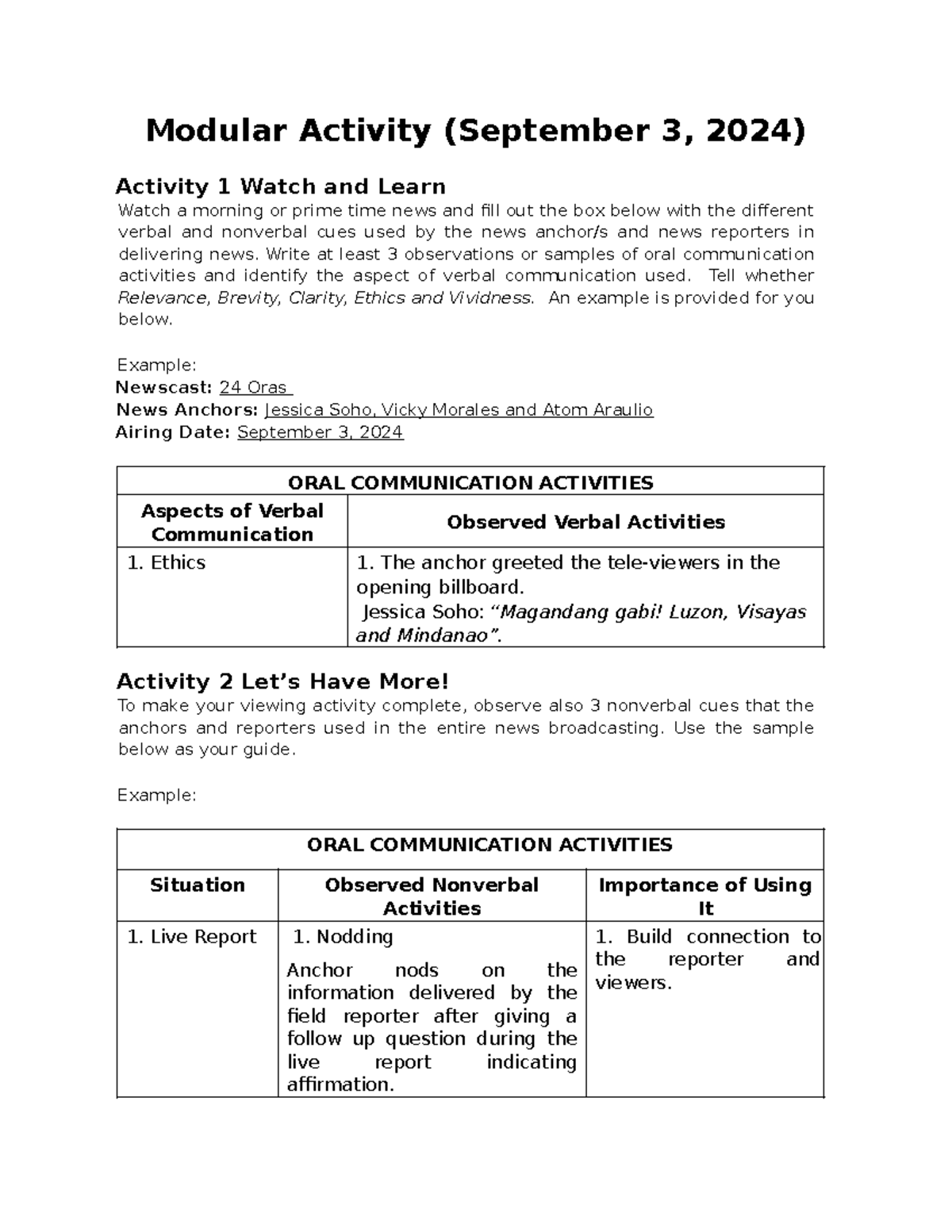 Modular Activity (Sept. 3, 2024) - Modular Activity (September 3, 2024) Activity 1 Watch and ...