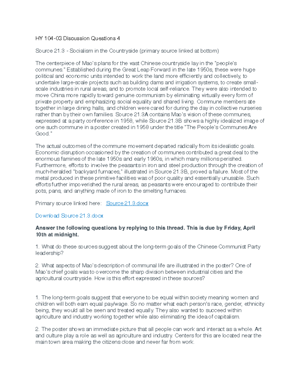 HY 104-03 Discussion Questions 4 - ” Established during the Great Leap ...