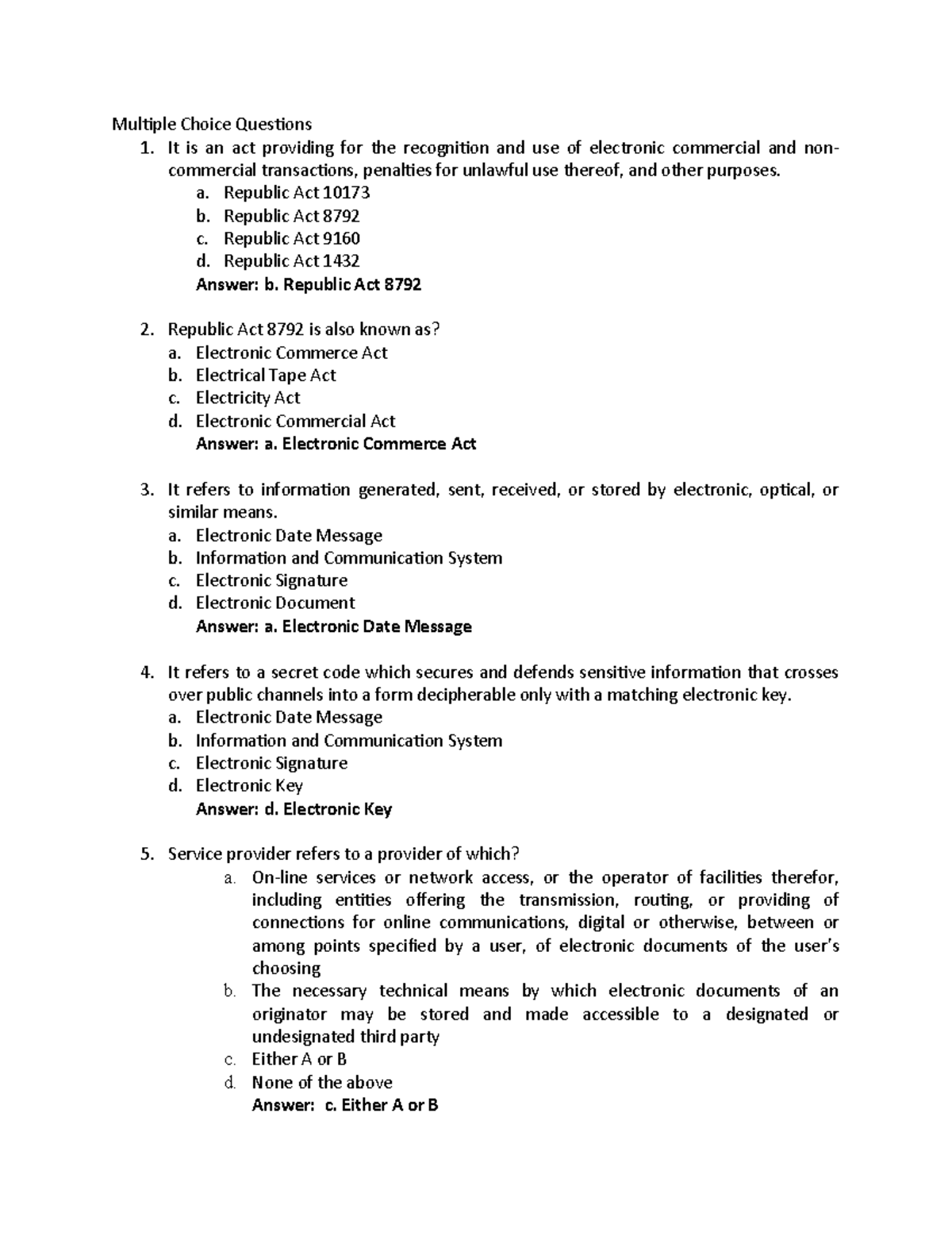 ECO 101: E-Commerce Multiple Choice & True/False Questions Handout ...