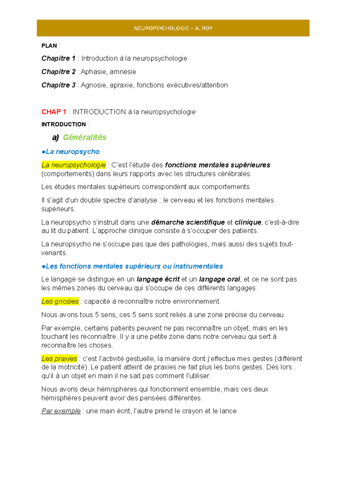 Neuropsycho-1 : Introduction à la Neuropsychologie de L1 (Chapitre 1 ...